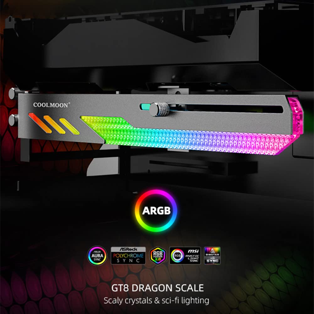 Angitu COOLMOON GT8 Graphics Card Bracket 5V ARGB Multi-Interface Synchronous Horizontal Chassis Decoration GPU Video Card Stand Holder (Black)