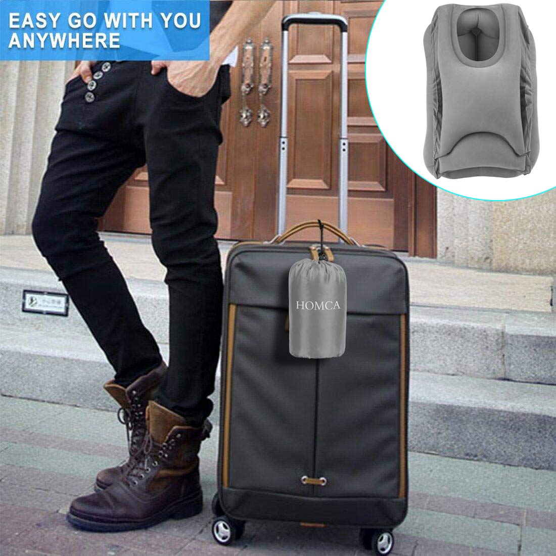 HOMCA Travel Pillow, Portable Head Neck Rest Inflatable Pillow from, Design for Airplanes, Cars, Buses, Trains, Office Napping, Camping - Includes Free Eye mask