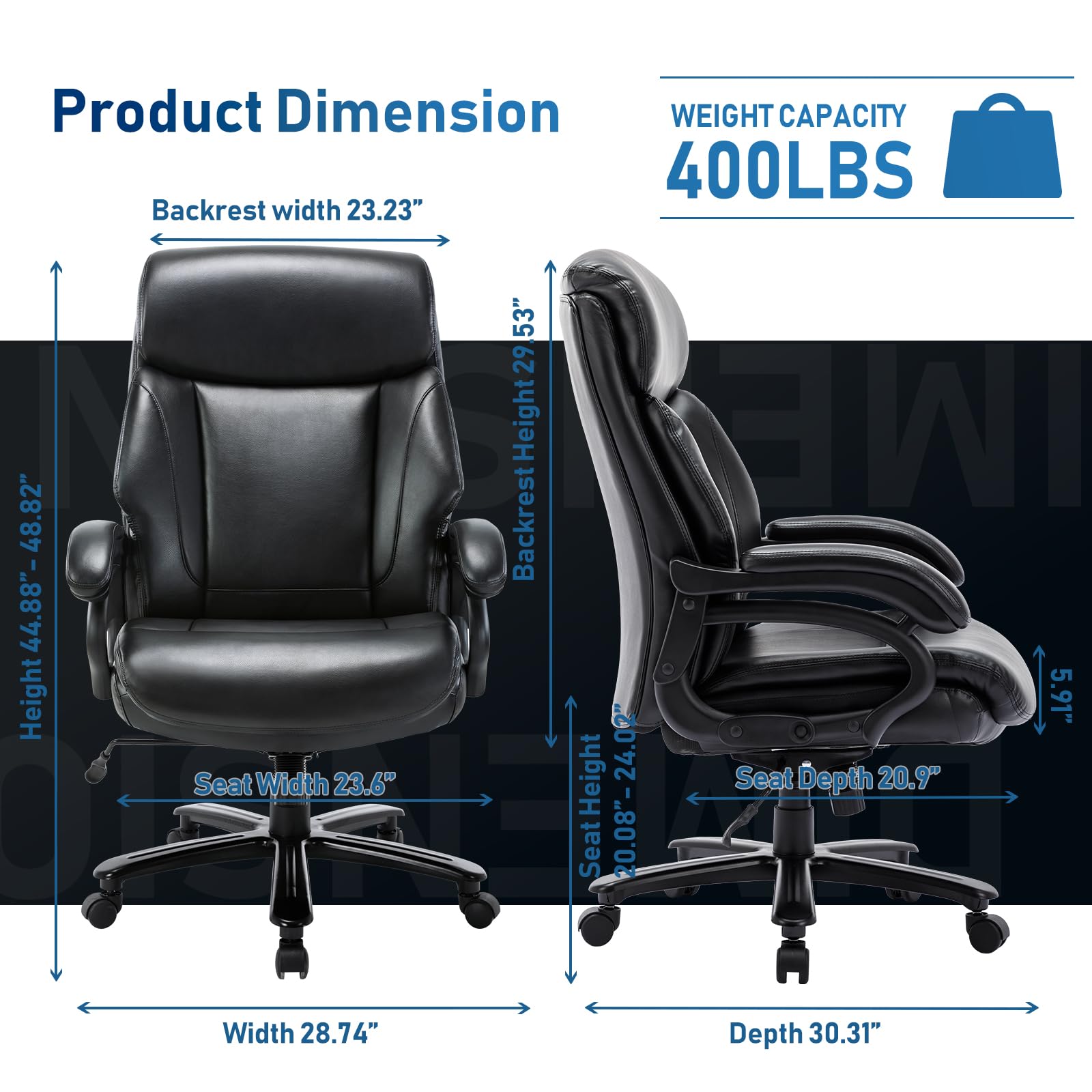 Big and Tall Office Chair 400lbs-Heavy Duty Executive Desk Chair with Extra Wide Seat, High Back Ergonomic Leather Computer Chair with Tilt Rock&Tension, Padded Armrests-Diamond Black