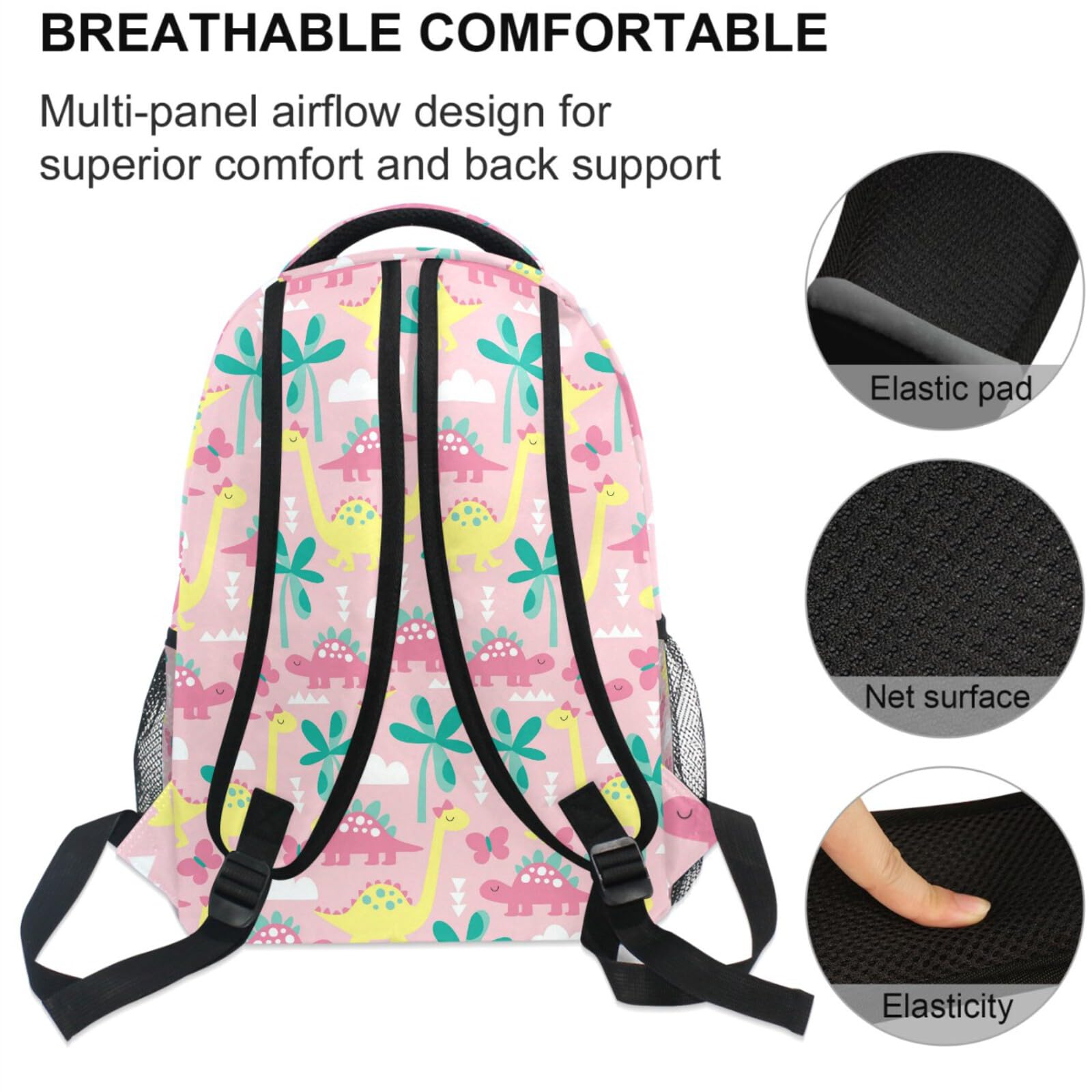 ZZKKO Pink Dinosaur Animal Pattern School Backpacks Book Bag for Boys Girls Travel Hiking Camping Daypack Work Laptop Backpack