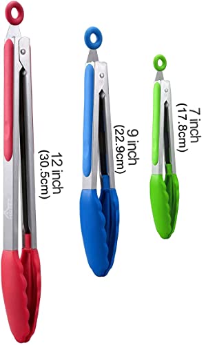 Hotec Premium Stainless Steel Locking Kitchen Tongs with Silicon Tips, Set of 3-7", 9" and 12"