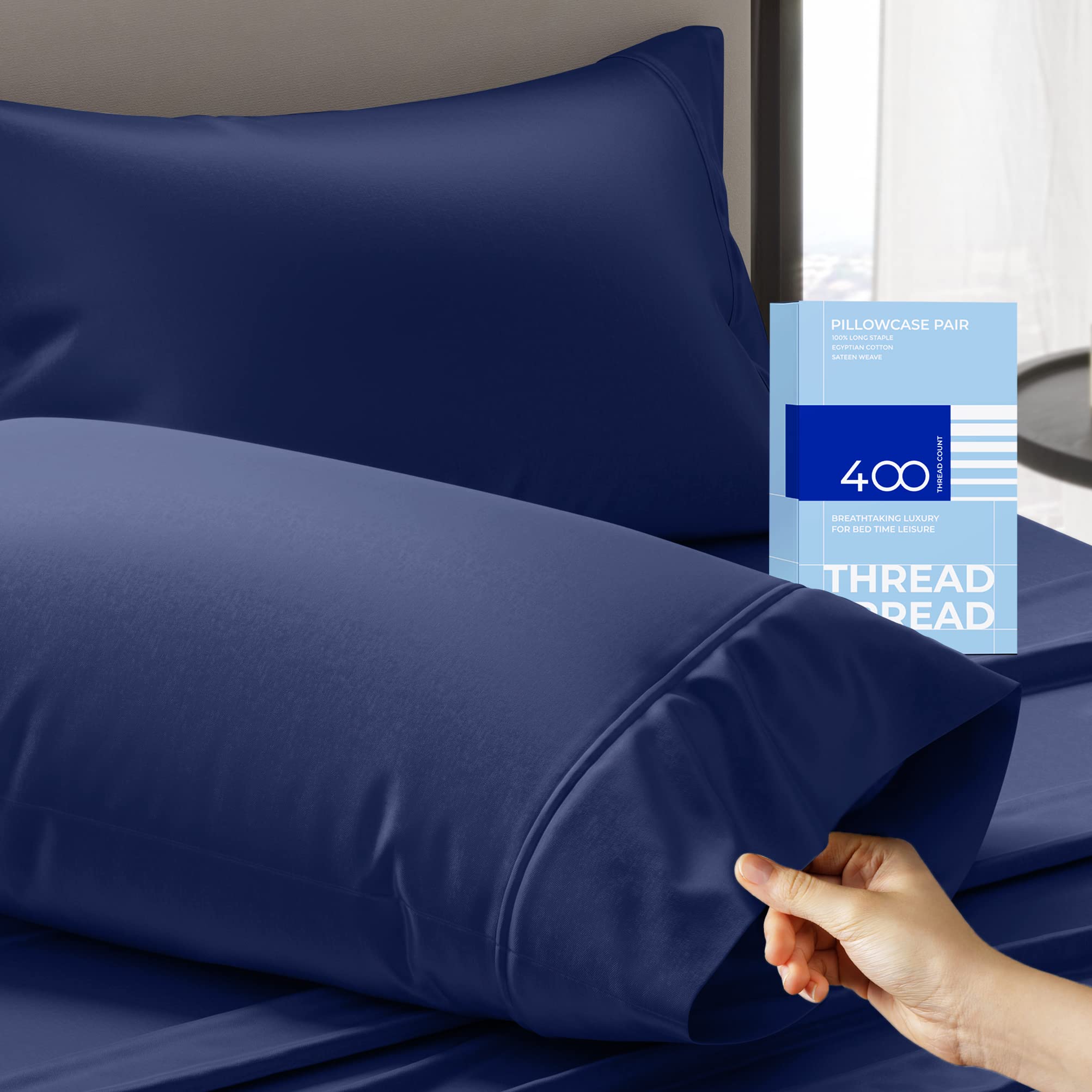 THREAD SPREAD 100% Cotton Pillowcases Standard/Queen Size Set of 2-400 Thread Count Cotton Pillowcases, Ultra Soft Cool Sateen Weave Pillow Cases for Sleeping, Set of 2 Pillow Covers (Navy Blue)