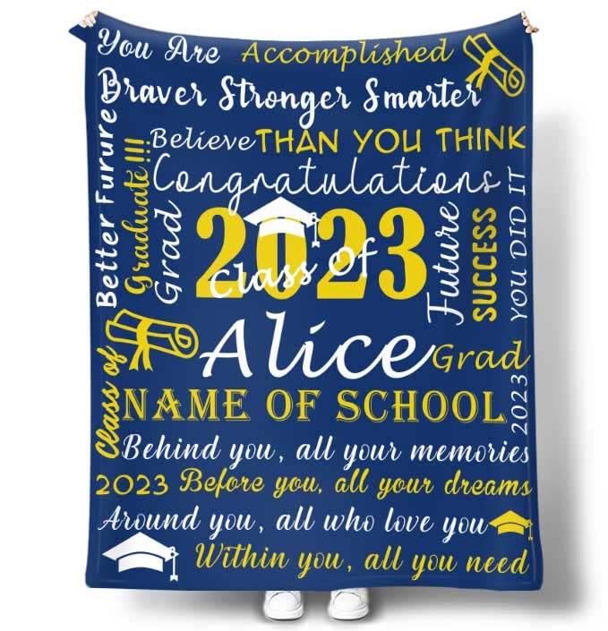 ONCUSTOM 2023 Graduation Gifts Custom Blankets for Him Her with Name, School, Personalized Gift Class of 2023 Blanket for Son Daughter Classmates Friends Men Women