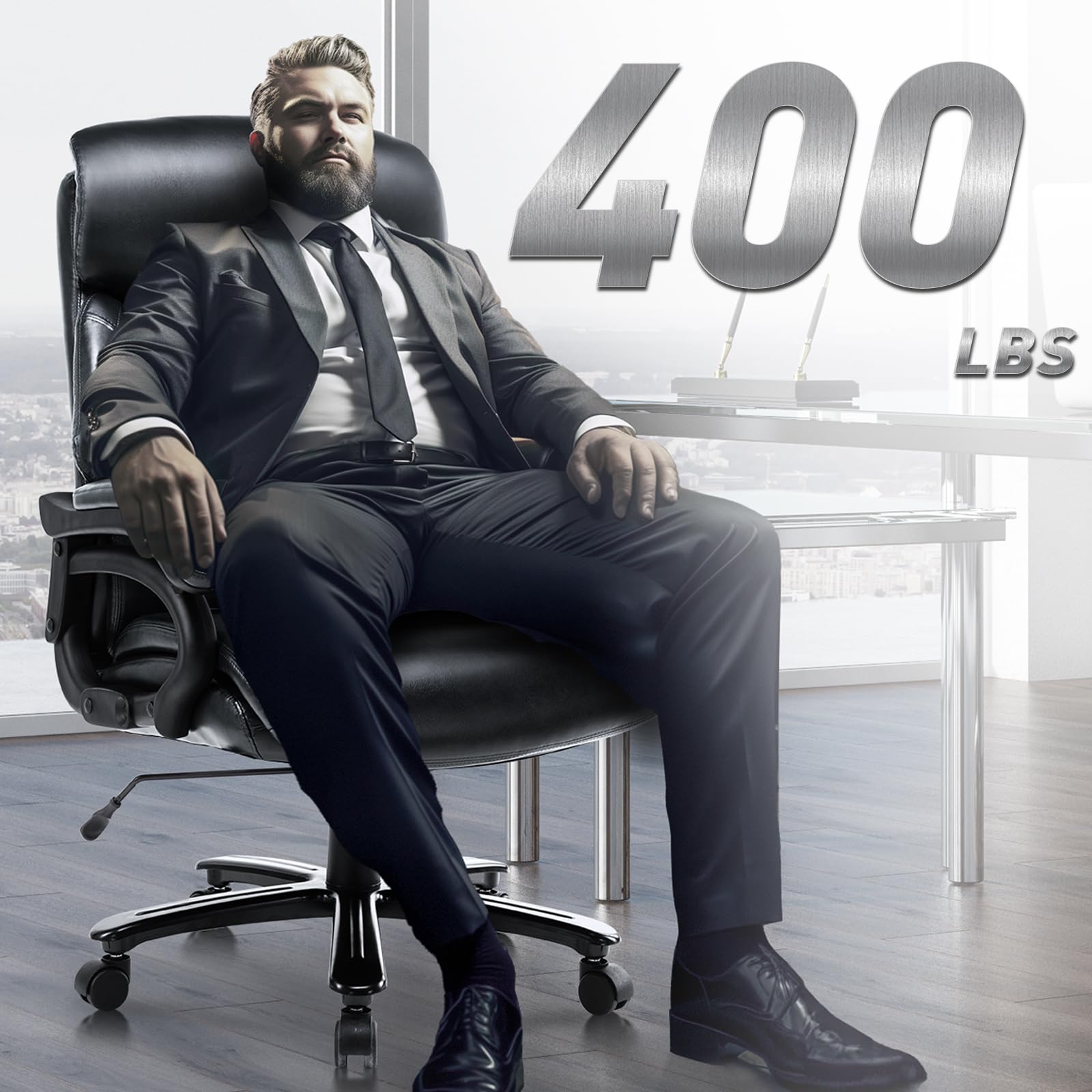 Big and Tall Office Chair 400lbs-Heavy Duty Executive Desk Chair with Extra Wide Seat, High Back Ergonomic Leather Computer Chair with Tilt Rock&Tension, Padded Armrests-Diamond Black