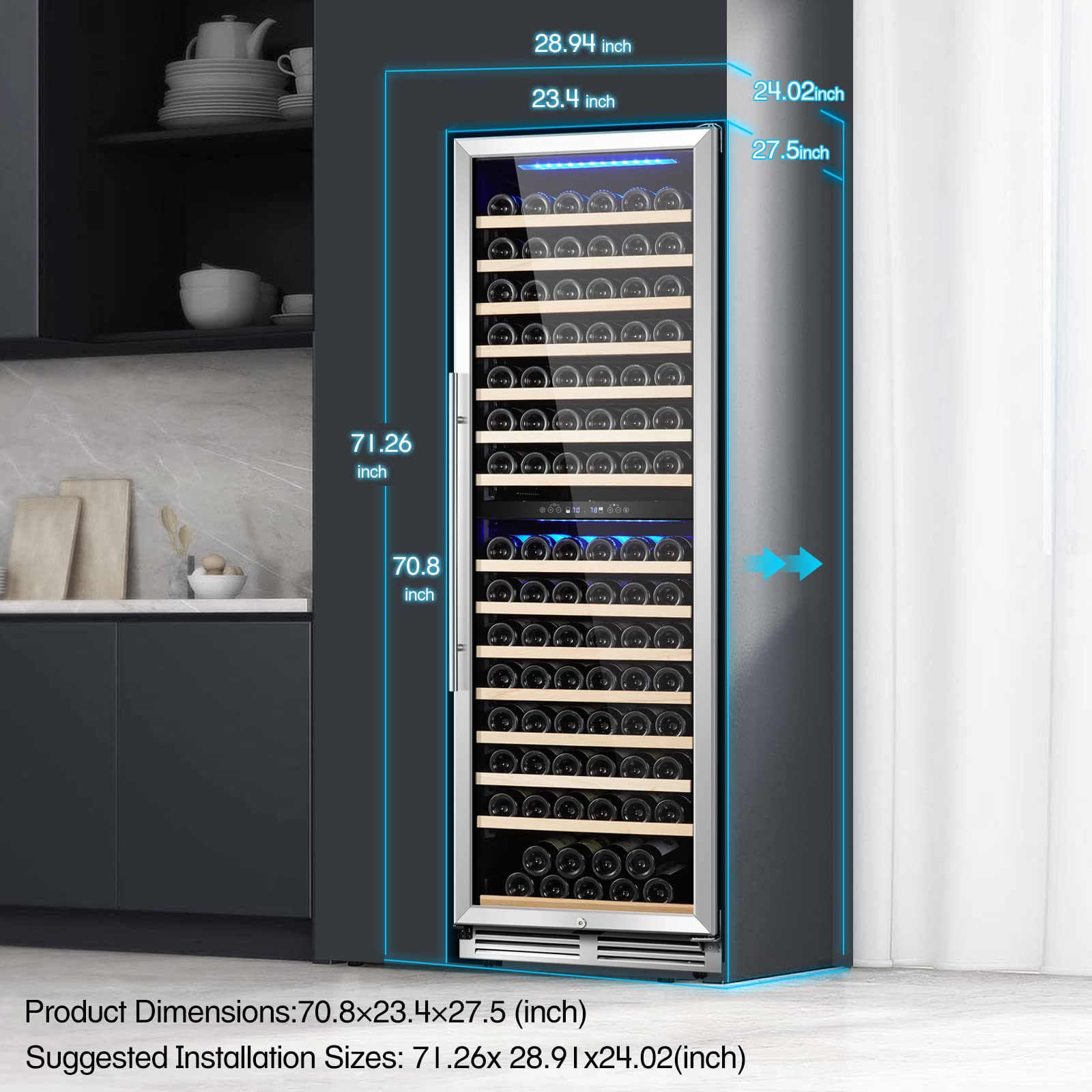 BODEGA Wine Cooler Refrigerator 24 Inch, 174 Bottle Dual Zone Wine Fridge with Double-Layer Tempered Glass Door and Temperature Memory Function,Built-in or Freestanding