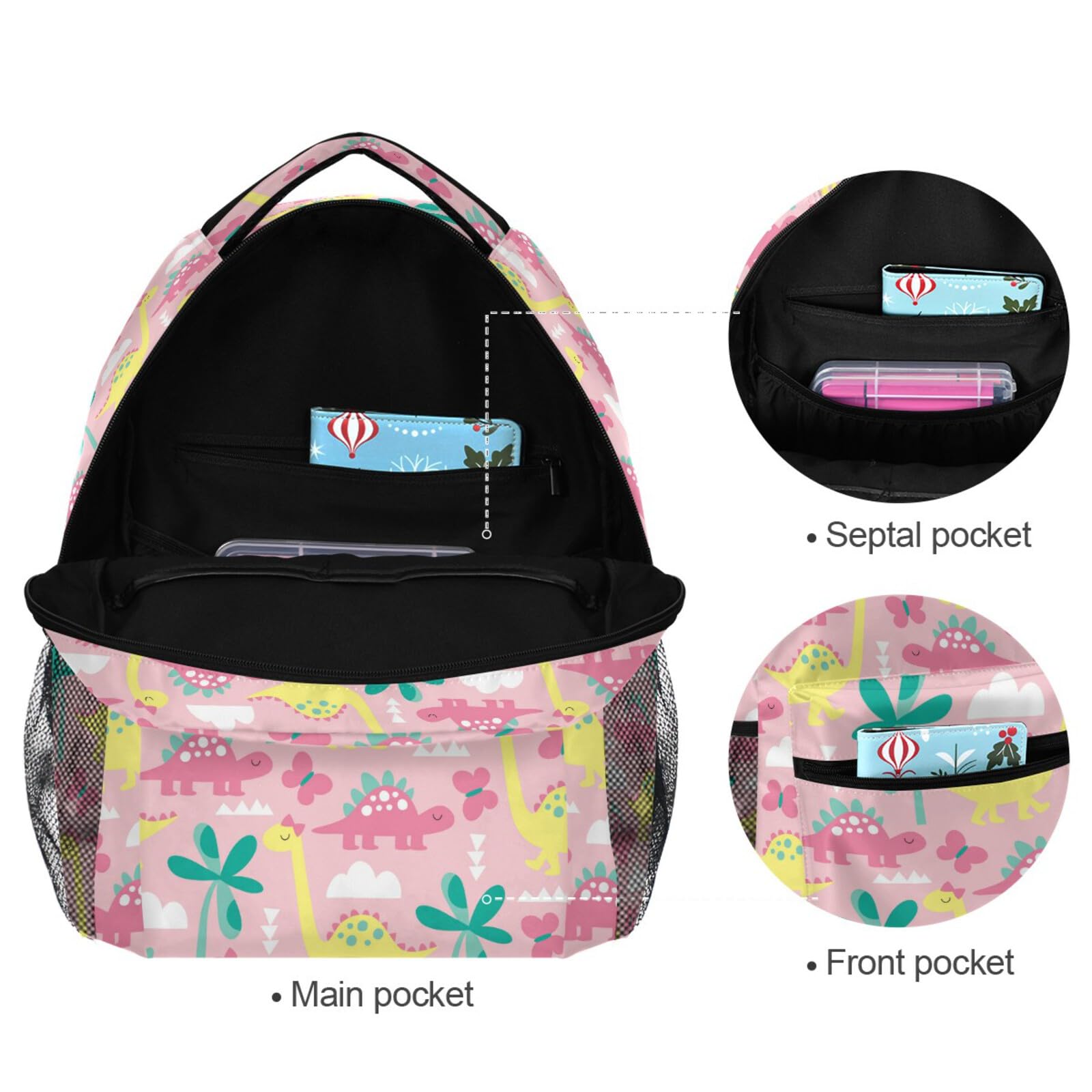 ZZKKO Pink Dinosaur Animal Pattern School Backpacks Book Bag for Boys Girls Travel Hiking Camping Daypack Work Laptop Backpack
