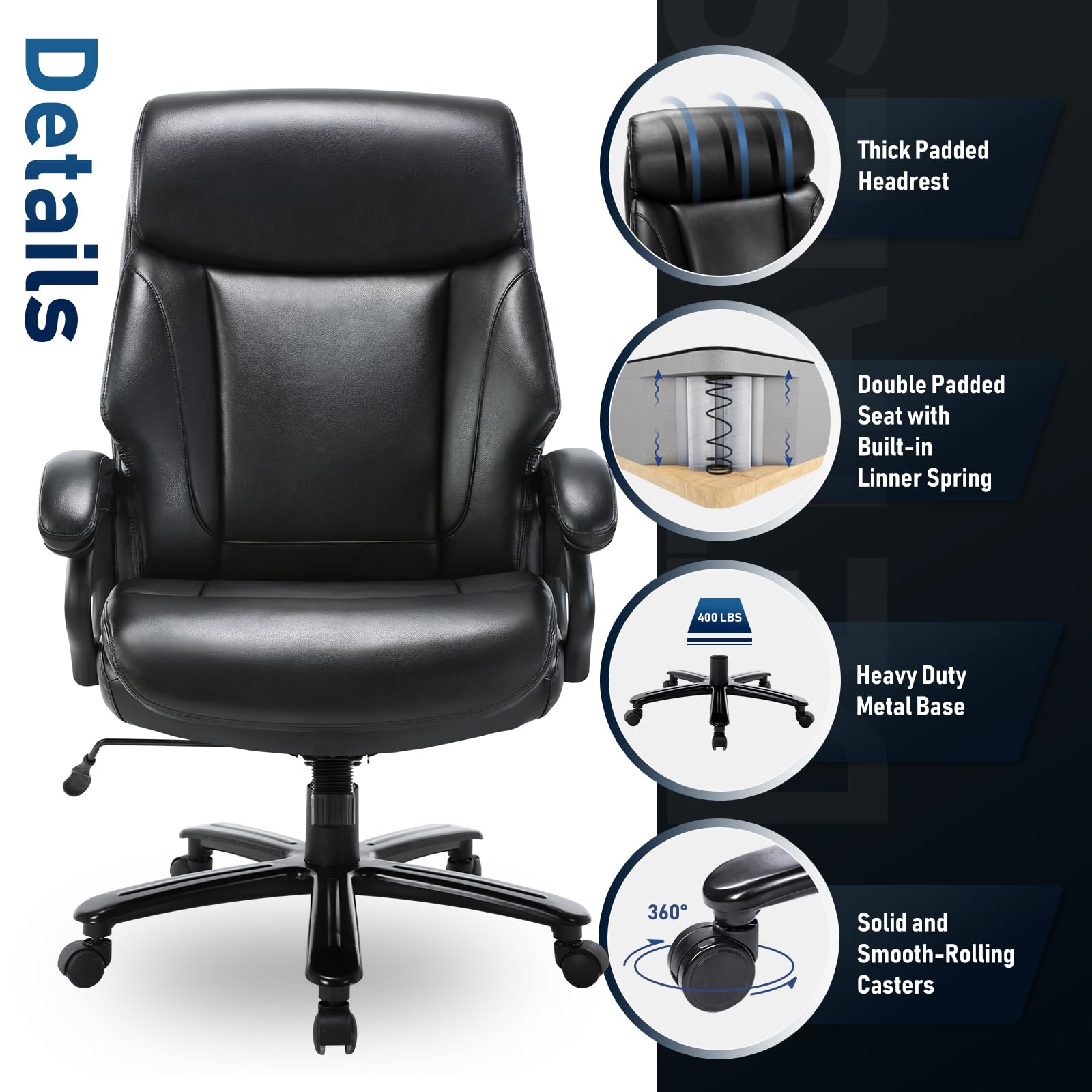 Big and Tall Office Chair 400lbs-Heavy Duty Executive Desk Chair with Extra Wide Seat, High Back Ergonomic Leather Computer Chair with Tilt Rock&Tension, Padded Armrests-Diamond Black