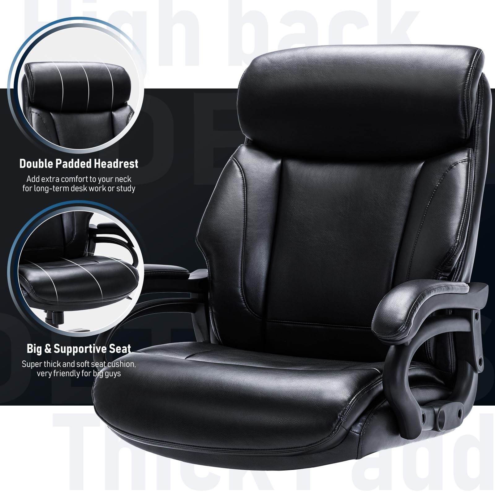Big and Tall Office Chair 400lbs-Heavy Duty Executive Desk Chair with Extra Wide Seat, High Back Ergonomic Leather Computer Chair with Tilt Rock&Tension, Padded Armrests-Diamond Black