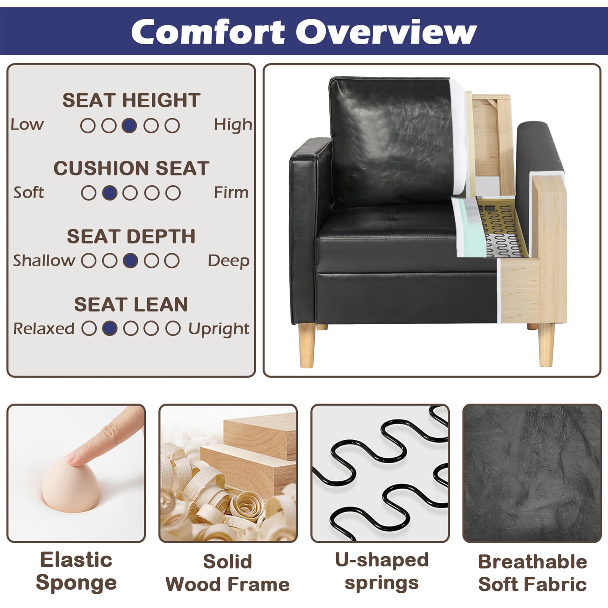 STHOUYN Black Faux Leather Accent Chairs Set of 2 Small Living Room Bedroom Chairs, Comfy Reading Chair Single Sofa for Adults, Suitable Small Spaces Office Couch, Easy Assembly