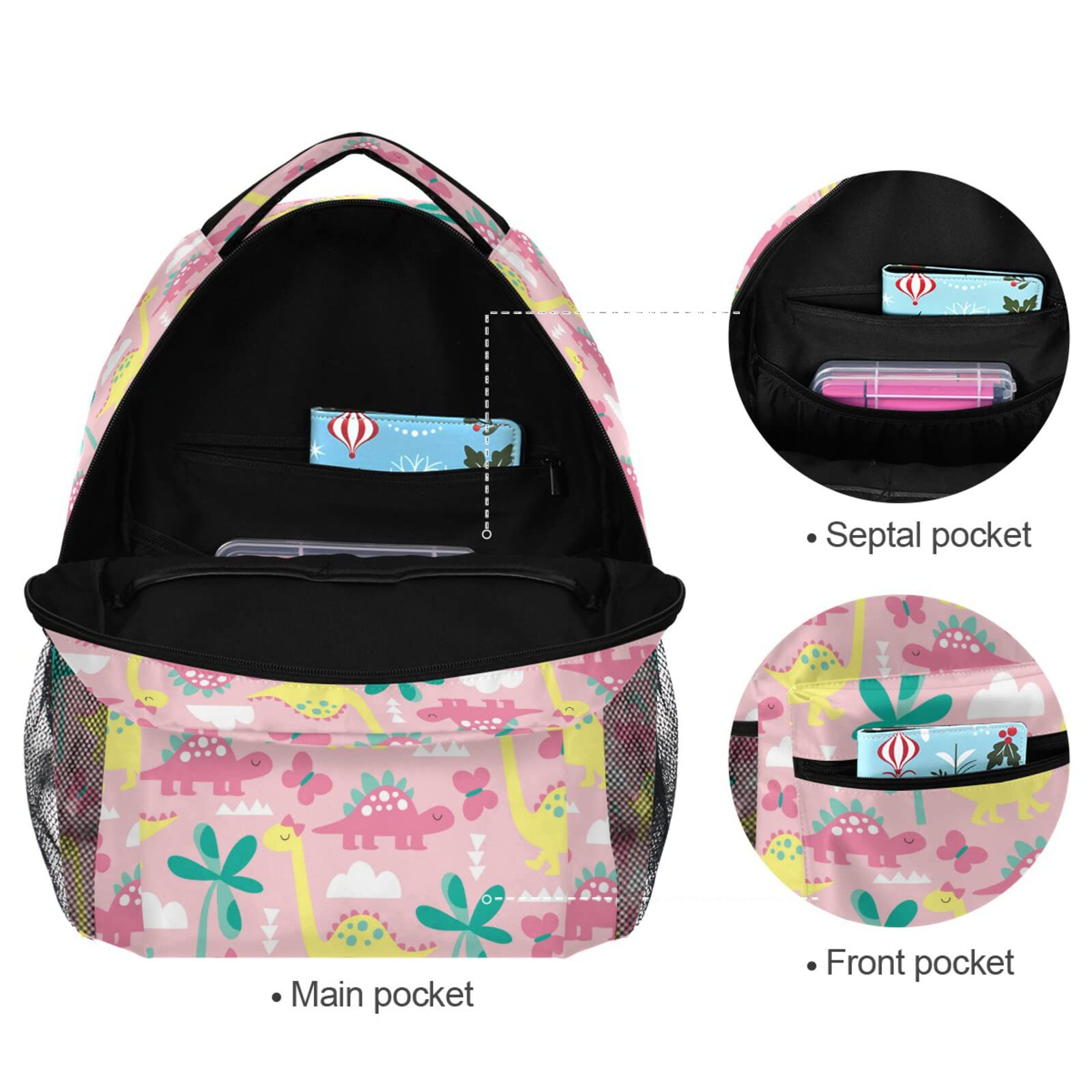 ZZKKO Pink Dinosaur Animal Pattern School Backpacks Book Bag for Boys Girls Travel Hiking Camping Daypack Work Laptop Backpack