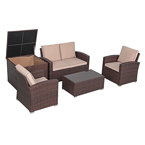 JOIVI PE Wicker Patio Furniture Set, 5 Piece Outdoor Sectional Conversation Sofa Set with Storage Box, Brown Rattan Loveseat Couch Sofa and Tempered Glass Table, Beige Cushions