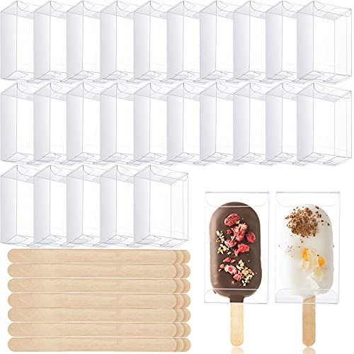 50 Pieces Ice Cream Cakesicle Boxes Set Include 25 Pieces Clear PET Cake Boxes Plastic Candy Gift Bags and 25 Pieces Wooden Sticks Treat Boxes for DIY Baking Wedding Baby Shower Kids Birthday Party