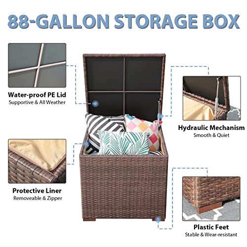JOIVI PE Wicker Patio Furniture Set, 5 Piece Outdoor Sectional Conversation Sofa Set with Storage Box, Brown Rattan Loveseat Couch Sofa and Tempered Glass Table, Beige Cushions