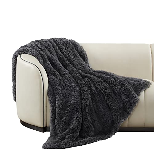 Bedfolks Faux Fur Throw Blanket - Fuzzy Plush Soft Sherpa Fleece Blanket, Fluffy Cozy Throw Blankets for Couch, Sofa, Bed, Dark Grey Thick Comfy Blankets and Throws, 50 x 60 inches