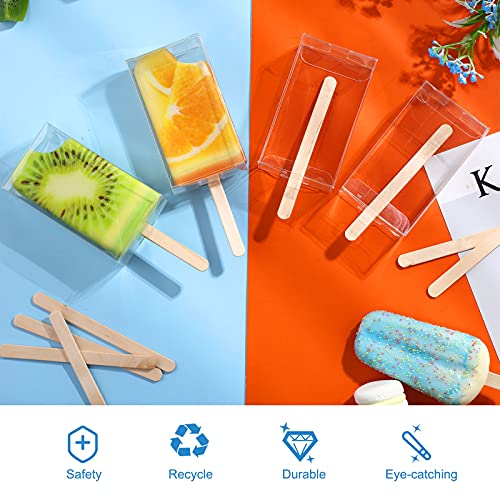50 Pieces Ice Cream Cakesicle Boxes Set Include 25 Pieces Clear PET Cake Boxes Plastic Candy Gift Bags and 25 Pieces Wooden Sticks Treat Boxes for DIY Baking Wedding Baby Shower Kids Birthday Party