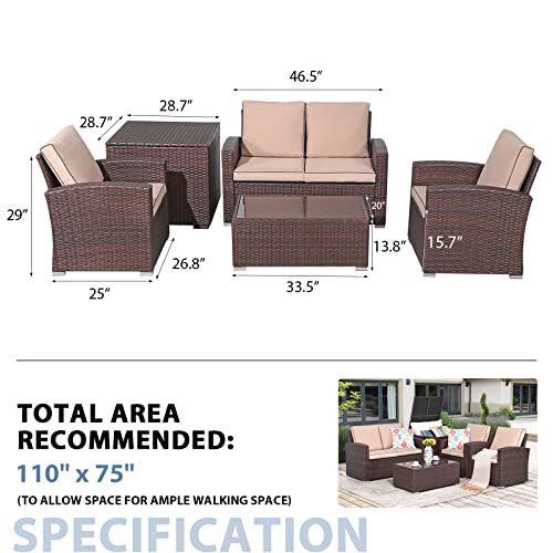 JOIVI PE Wicker Patio Furniture Set, 5 Piece Outdoor Sectional Conversation Sofa Set with Storage Box, Brown Rattan Loveseat Couch Sofa and Tempered Glass Table, Beige Cushions