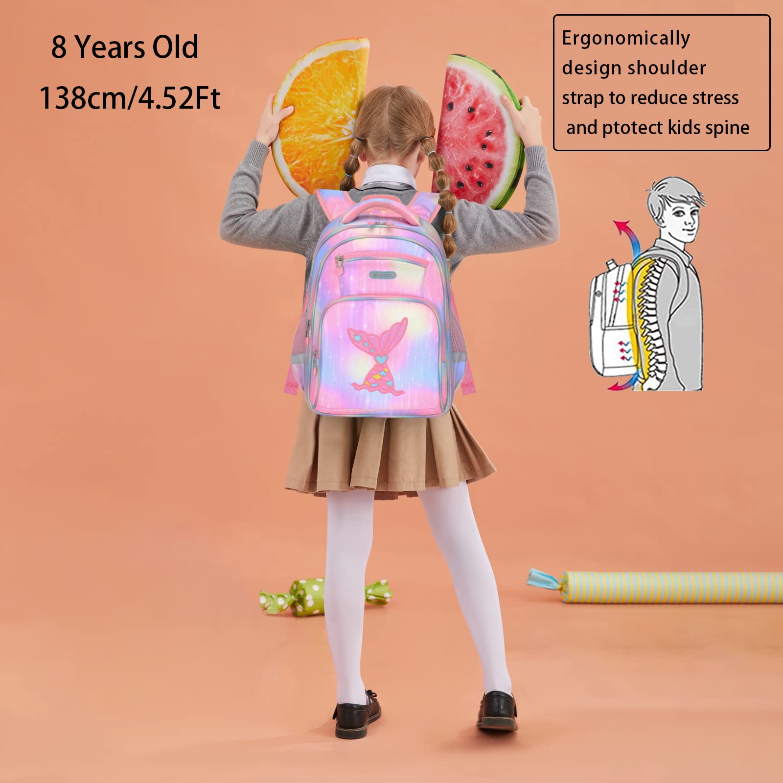 Kids Backpack for Girls Preschool Elementary Kindergarten Mermaid School Bag 15.6″ Multifunctional Cute Large Capacity