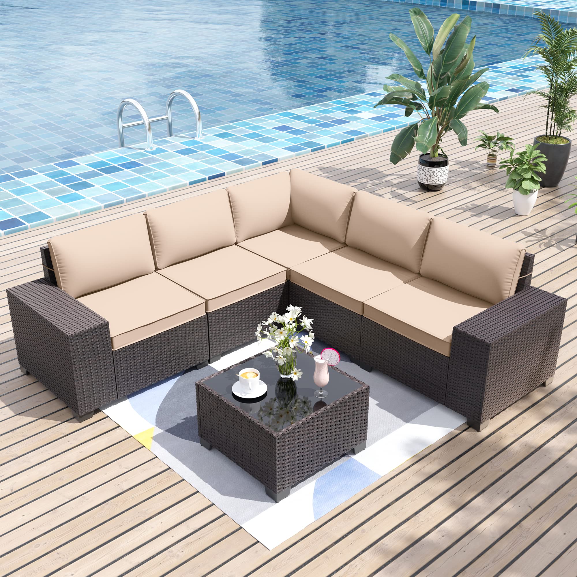 ALAULM Patio Furniture Sets 6 Pieces Patio Sectional Outdoor Furniture Patio Sofa Chairs Set All Weather PE Rattan Wicker Couch Conversation Set with 5 Khaki Thickened Cushions & Coffee Table