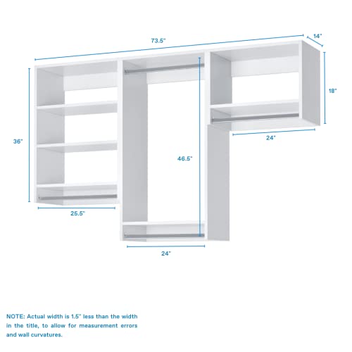 Closet Kit with Hanging Rods - Corner Closet System - Closet Shelves - Closet Organizers and Storage Shelves (White, 75 inches Wide) Closet Shelving