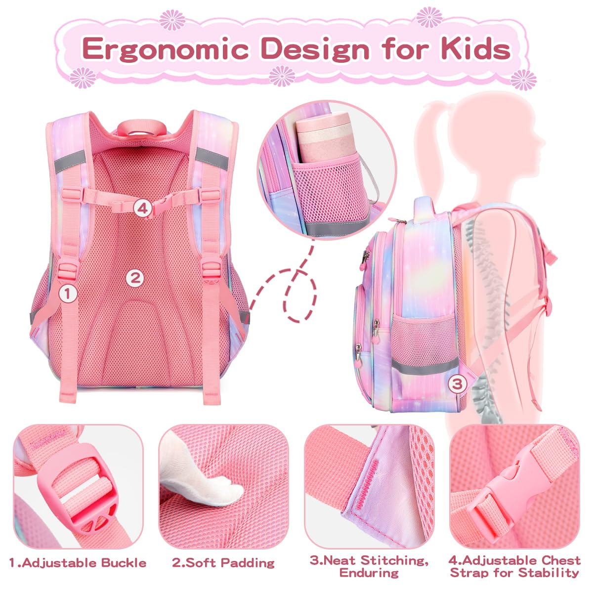 Kids Backpack for Girls Preschool Elementary Kindergarten Mermaid School Bag 15.6″ Multifunctional Cute Large Capacity