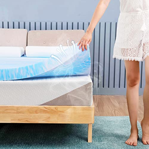 Opoiar 2 Inch Cooling Gel Memory Foam Mattress Topper in a Box, Medium Firm Mattress Topper for Pressure Relief & Temperature Regulation,CertiPUR-US Certified, Blue&White (Twin)