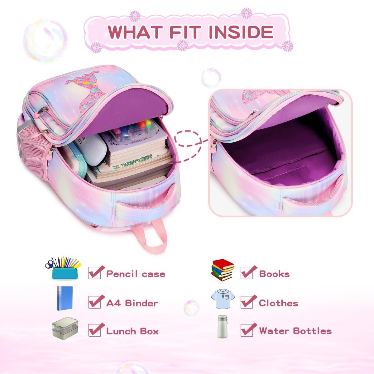Kids Backpack for Girls Preschool Elementary Kindergarten Mermaid School Bag 15.6″ Multifunctional Cute Large Capacity