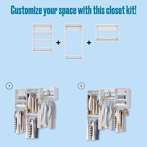 Closet Kit with Hanging Rods - Corner Closet System - Closet Shelves - Closet Organizers and Storage Shelves (White, 75 inches Wide) Closet Shelving
