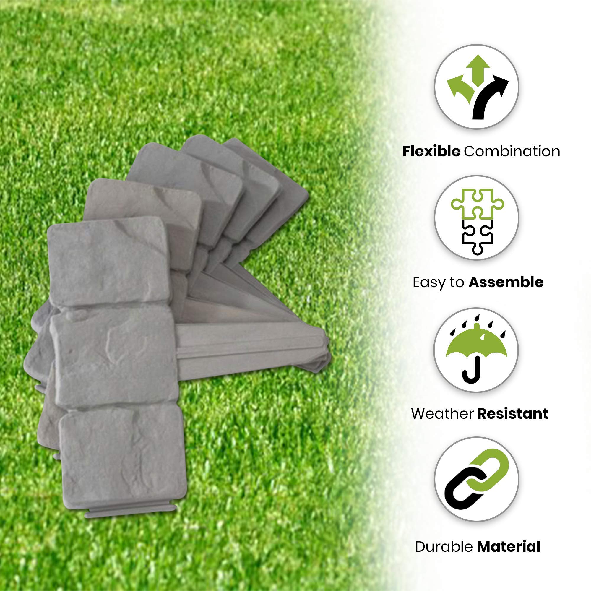 withwind Garden Edging BorderLawn Fence Plastic Cobblestone Effect Trimming 20 Packs of Foldable Stitching Gray