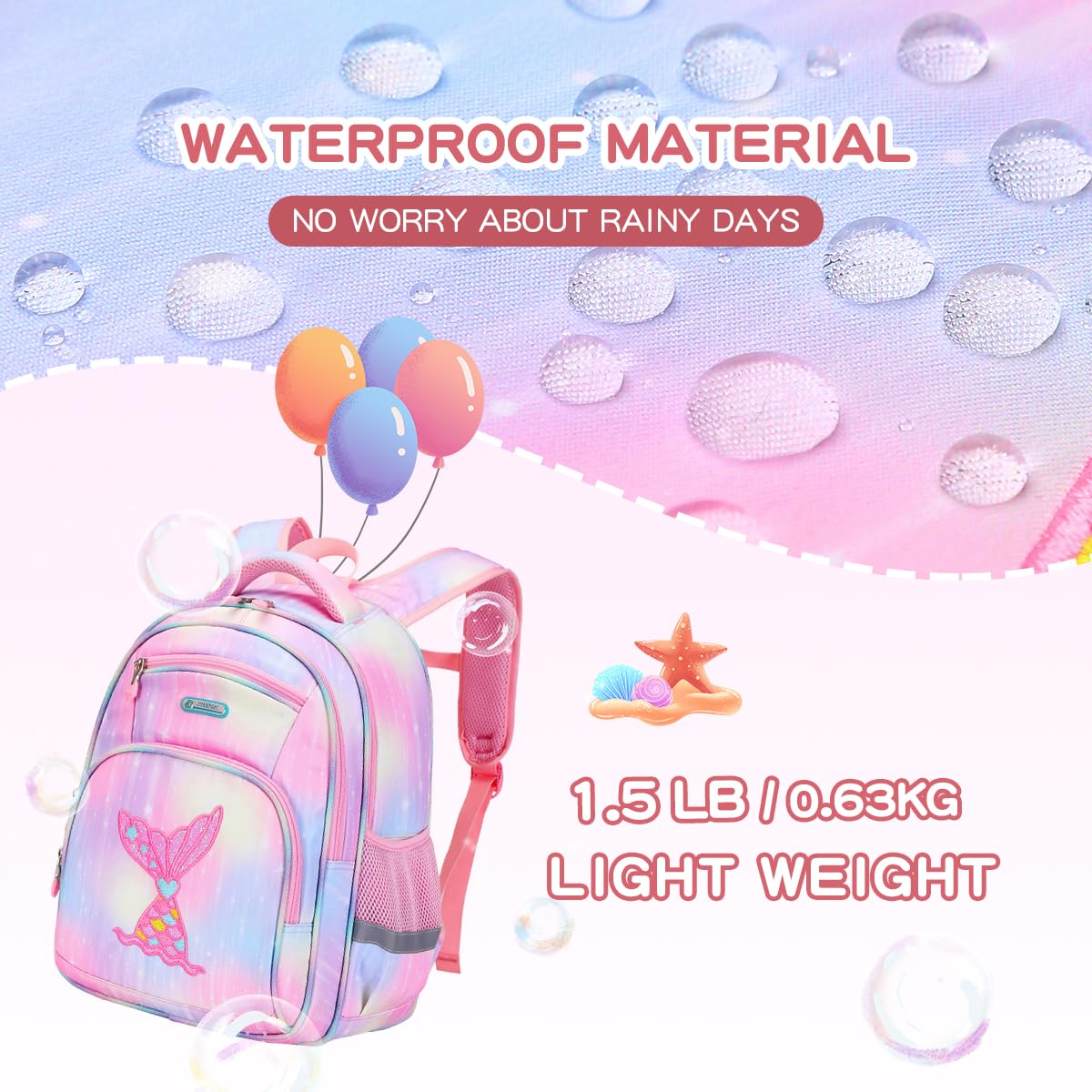Kids Backpack for Girls Preschool Elementary Kindergarten Mermaid School Bag 15.6″ Multifunctional Cute Large Capacity
