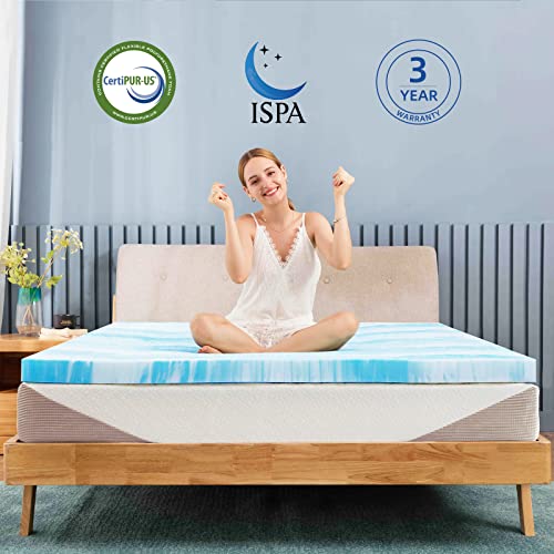 Opoiar 2 Inch Cooling Gel Memory Foam Mattress Topper in a Box, Medium Firm Mattress Topper for Pressure Relief & Temperature Regulation,CertiPUR-US Certified, Blue&White (Twin)