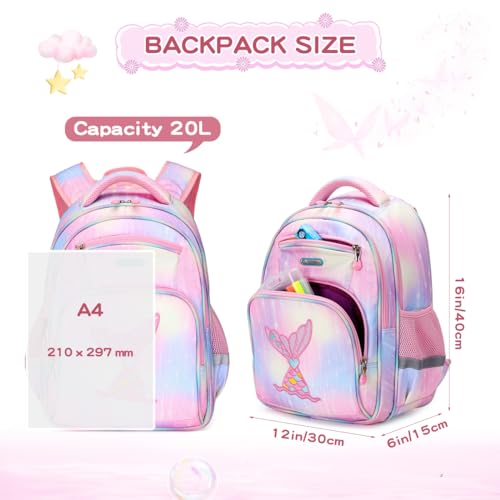 Kids Backpack for Girls Preschool Elementary Kindergarten Mermaid School Bag 15.6″ Multifunctional Cute Large Capacity