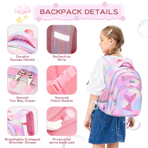 Kids Backpack for Girls Preschool Elementary Kindergarten Mermaid School Bag 15.6″ Multifunctional Cute Large Capacity