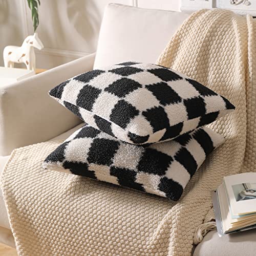 Fluffy Cesthetic Throw Pillow Covers Pack of 2 Cute Decorative Pillows Checkerboard Pattern Cushion Case Super Soft Faux Fur Wool Pillowcases for Couch Bedroom 16"*16" Black and White