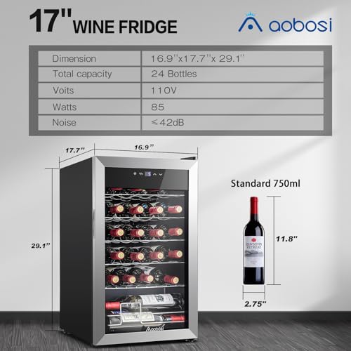 AAOBOSI Wine Fridge, 24 Bottle Wine Cooler 46-66℉ Beverage Wine Refrigerator, Glass Door Free Standing Mini Wine Cellar with Adjustable Shelves and Temperature Memory for Bar, Home, Condo