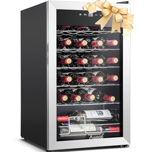 AAOBOSI Wine Fridge, 24 Bottle Wine Cooler 46-66℉ Beverage Wine Refrigerator, Glass Door Free Standing Mini Wine Cellar with Adjustable Shelves and Temperature Memory for Bar, Home, Condo