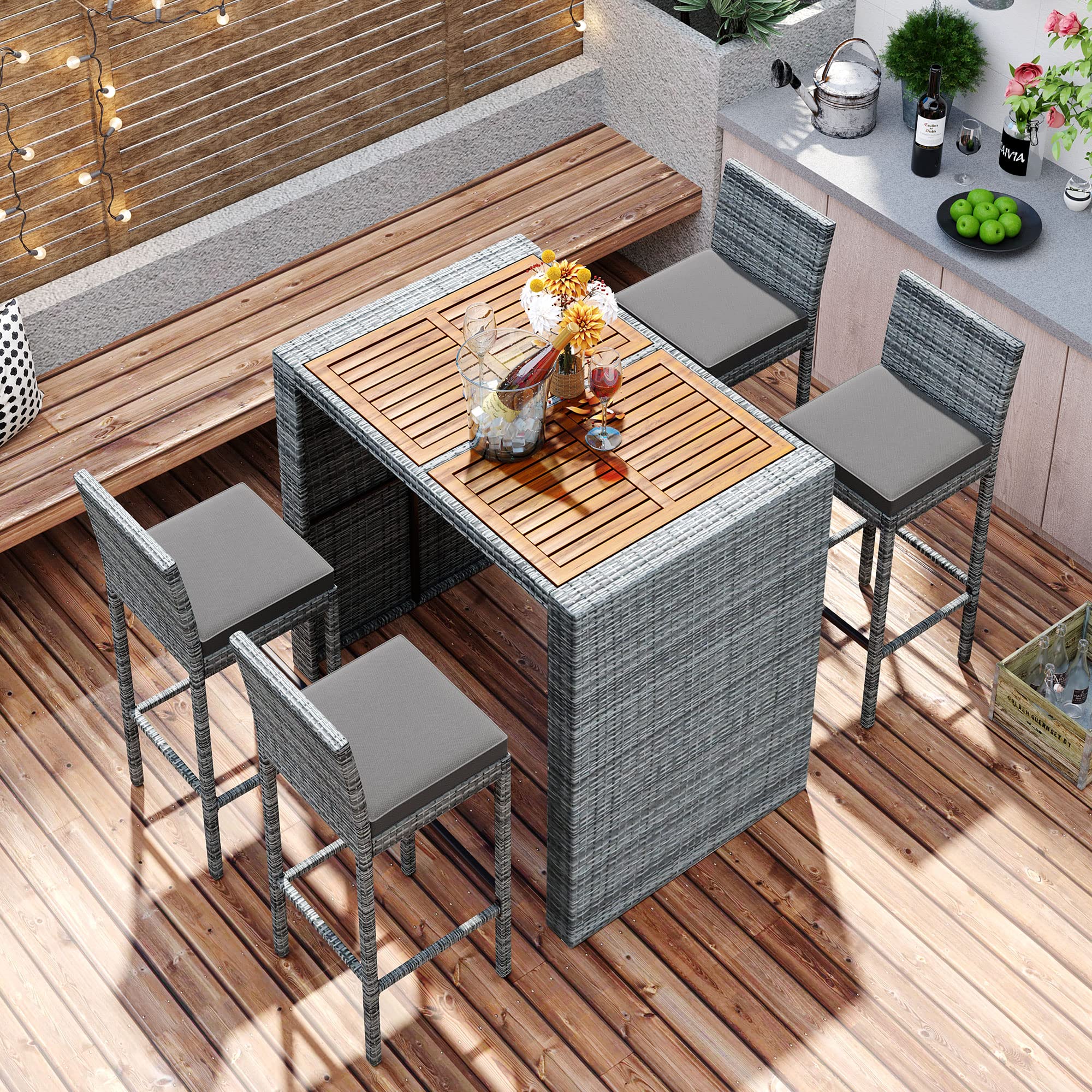 XD Designs 5-Pieces Outdoor Patio Bar Set, All-Weather PE Wicker Counter Height Dining Table Set, Acacia Wood Table Top, Comfort 4 Bar Chairs with Ergonomic Backrests, Footrest and Removable Cushion