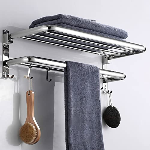 Bath Towel Shelf Stainless Steel Polished Bathroom Towel Rack Holder Storage Shelf Hook Accessories