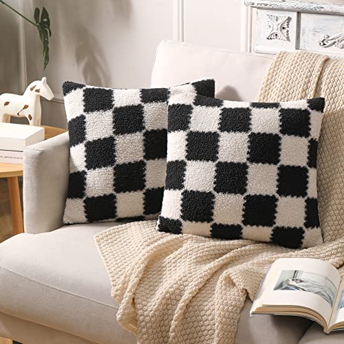 Fluffy Cesthetic Throw Pillow Covers Pack of 2 Cute Decorative Pillows Checkerboard Pattern Cushion Case Super Soft Faux Fur Wool Pillowcases for Couch Bedroom 16"*16" Black and White