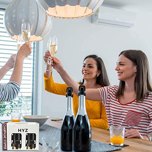 HYZ Champagne Bottle Stoppers 2-Pack Black, Stainless Steel Sparkling Wine Stopper with Pure Silicone Air Tight Seal - Professional Wine Saver for Champagne,Prosecco and Cava
