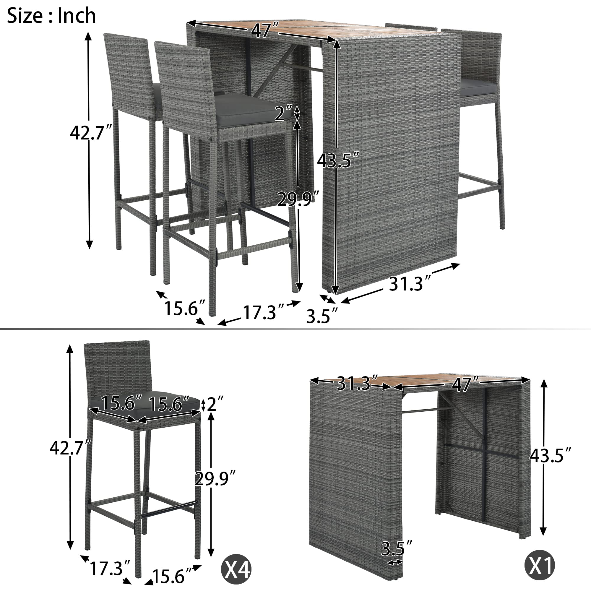 XD Designs 5-Pieces Outdoor Patio Bar Set, All-Weather PE Wicker Counter Height Dining Table Set, Acacia Wood Table Top, Comfort 4 Bar Chairs with Ergonomic Backrests, Footrest and Removable Cushion