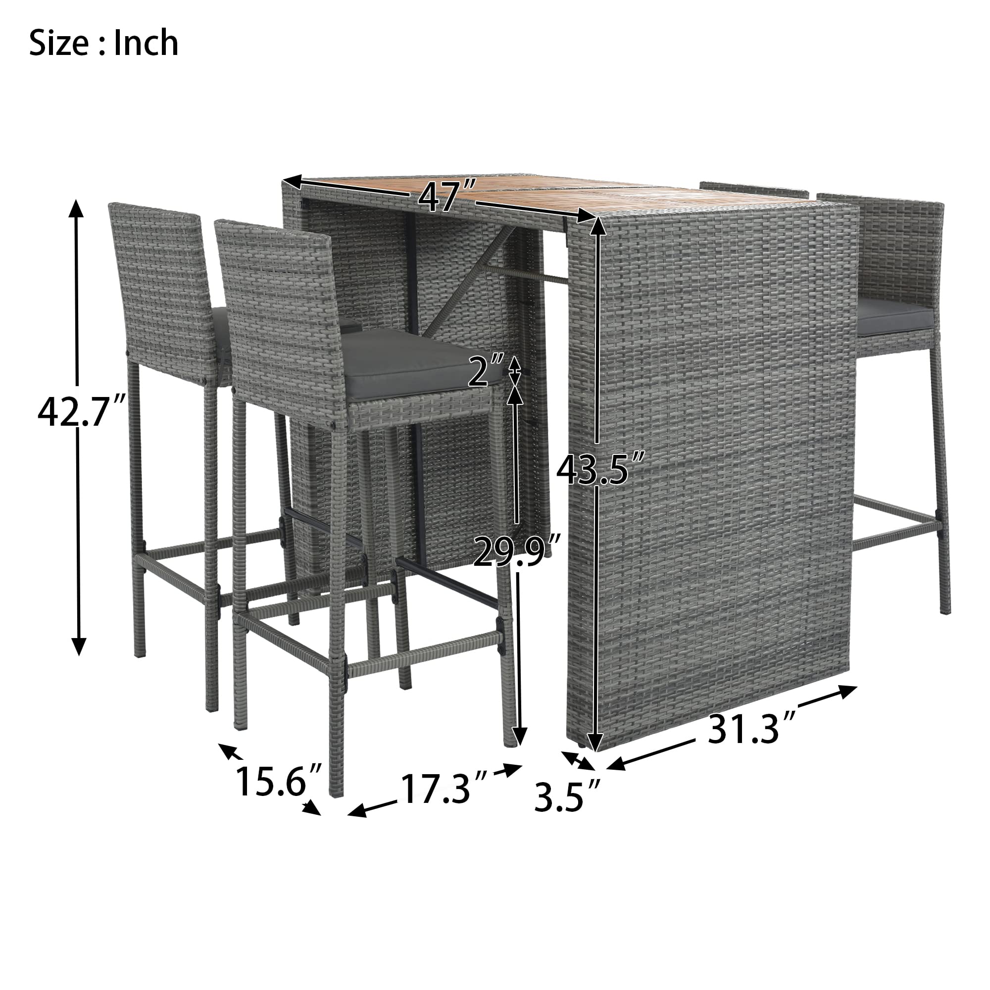 XD Designs 5-Pieces Outdoor Patio Bar Set, All-Weather PE Wicker Counter Height Dining Table Set, Acacia Wood Table Top, Comfort 4 Bar Chairs with Ergonomic Backrests, Footrest and Removable Cushion