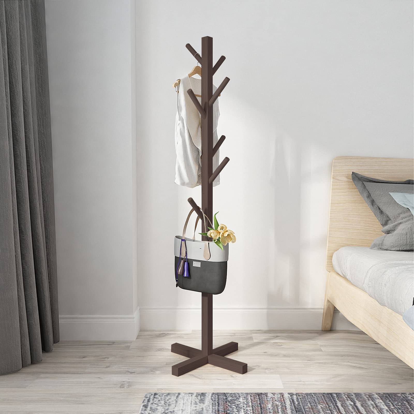 Tiasott Wooden Coat Rack Stand,Free Standing Tree Hanger,Standing Coat Rack with 8 Hooks,Hallway Entryway Clothes Hanger for Suits,Hats,Scarves,Handbags,Umbrella,Brown