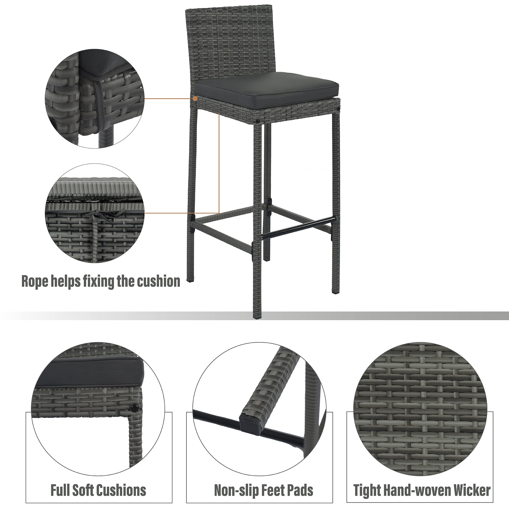 XD Designs 5-Pieces Outdoor Patio Bar Set, All-Weather PE Wicker Counter Height Dining Table Set, Acacia Wood Table Top, Comfort 4 Bar Chairs with Ergonomic Backrests, Footrest and Removable Cushion