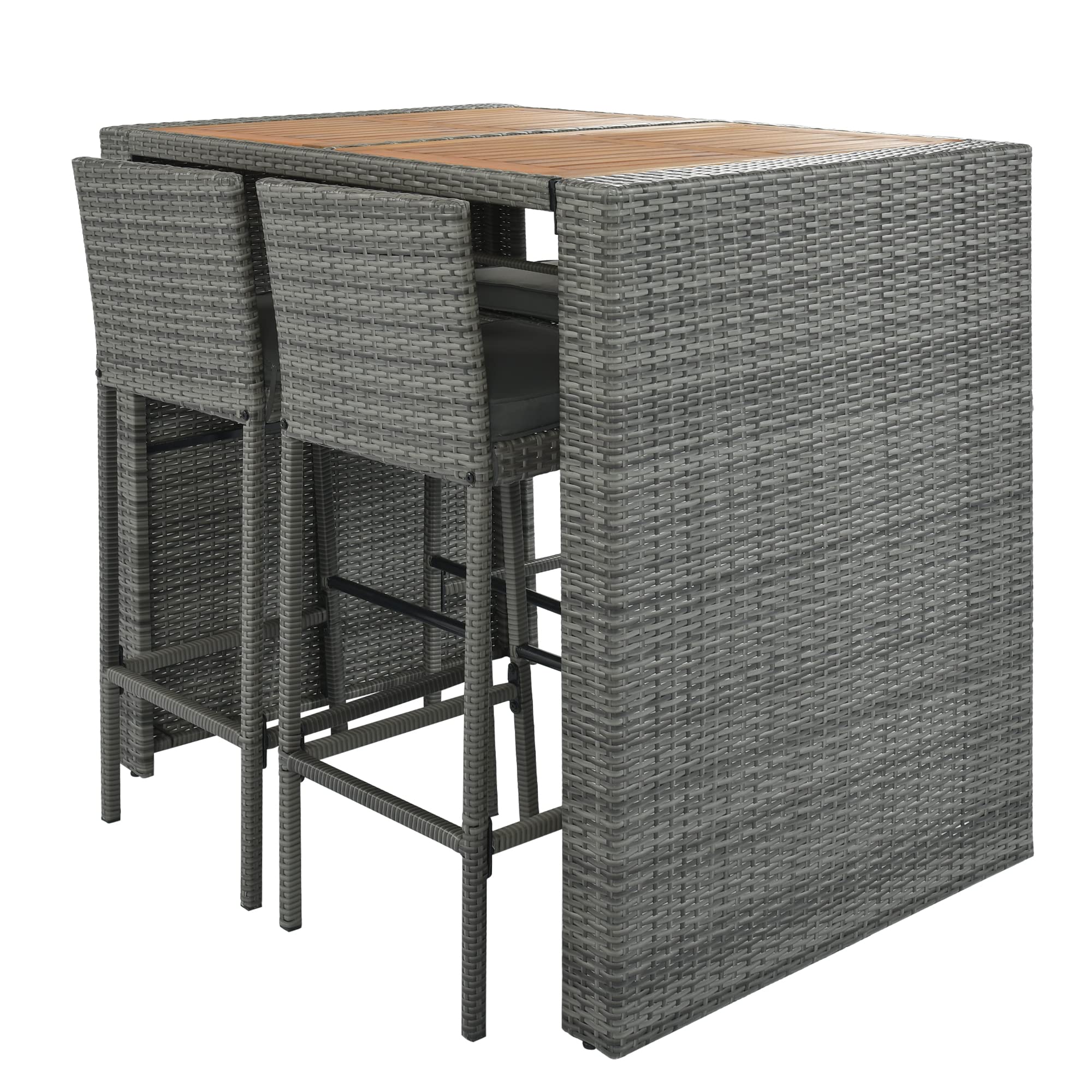 XD Designs 5-Pieces Outdoor Patio Bar Set, All-Weather PE Wicker Counter Height Dining Table Set, Acacia Wood Table Top, Comfort 4 Bar Chairs with Ergonomic Backrests, Footrest and Removable Cushion