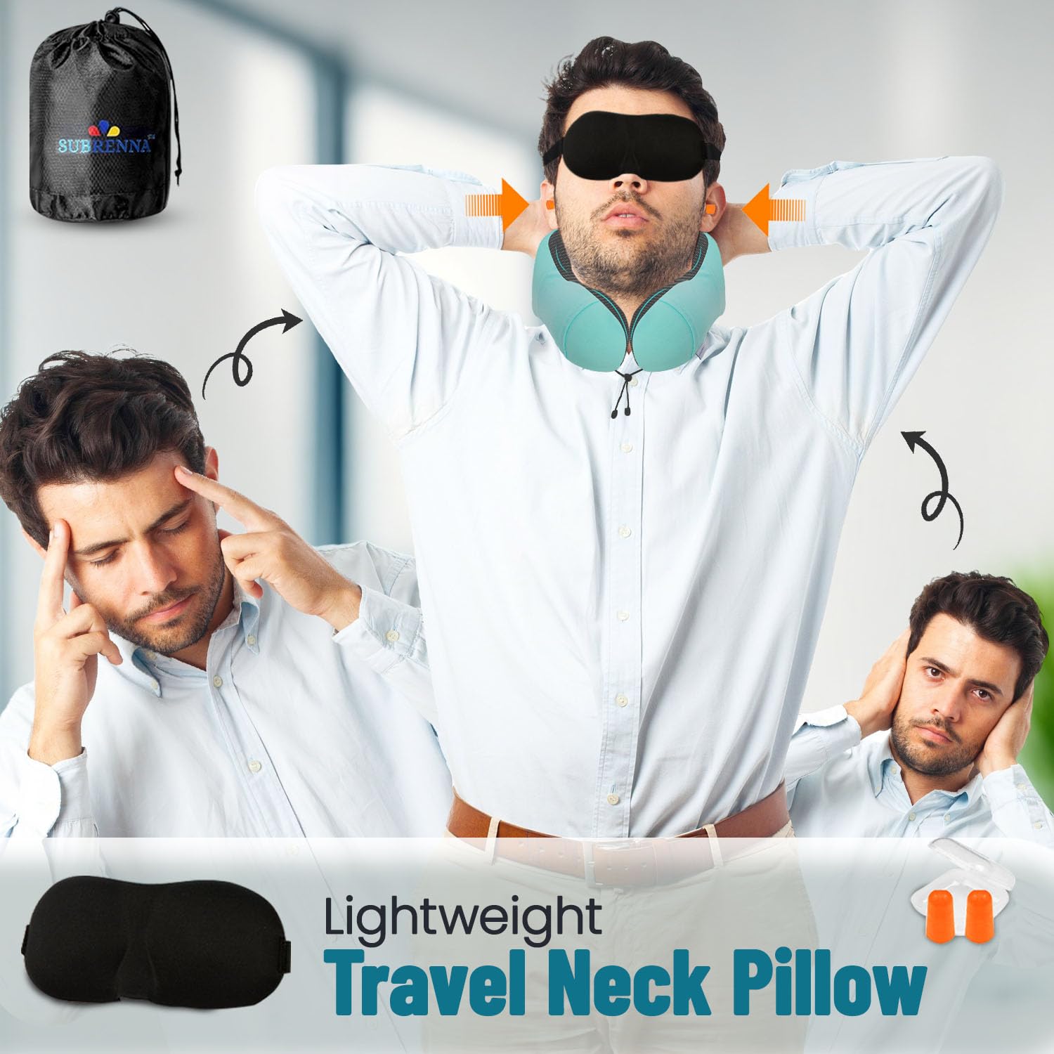 Adjustable Travel Pillow for Neck Support & Comfort, Lightweight Memory Foam Travel Neck Pillow for Sleeping - Washable & Breathable Plane Pillow for Traveling with Eyemask, Earplug & Carry Bag
