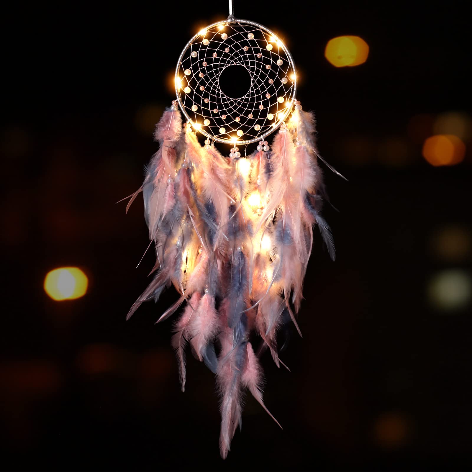 KHOYIME LED Dream Catcher Light Up Handmade Feather Dreamcatchers Boho Wall Hanging for Girls Kids Bedroom Bohemian Home Decor Wedding Ornament Craft Gift (Pink&Grey)