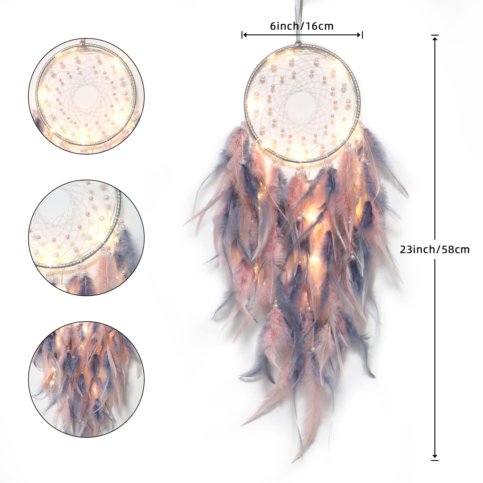 KHOYIME LED Dream Catcher Light Up Handmade Feather Dreamcatchers Boho Wall Hanging for Girls Kids Bedroom Bohemian Home Decor Wedding Ornament Craft Gift (Pink&Grey)
