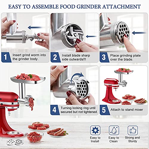 Metal Food Grinder Attachment for KitchenAid Stand Mixers, BQYPOWER Meat Grinder Attachment Included 2 Sausage Stuffer Tubes, 3 Grinding Blades, 3 Grinding Plates