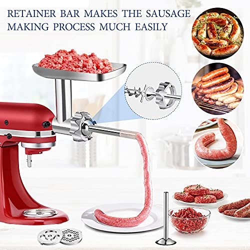 Metal Food Grinder Attachment for KitchenAid Stand Mixers, BQYPOWER Meat Grinder Attachment Included 2 Sausage Stuffer Tubes, 3 Grinding Blades, 3 Grinding Plates