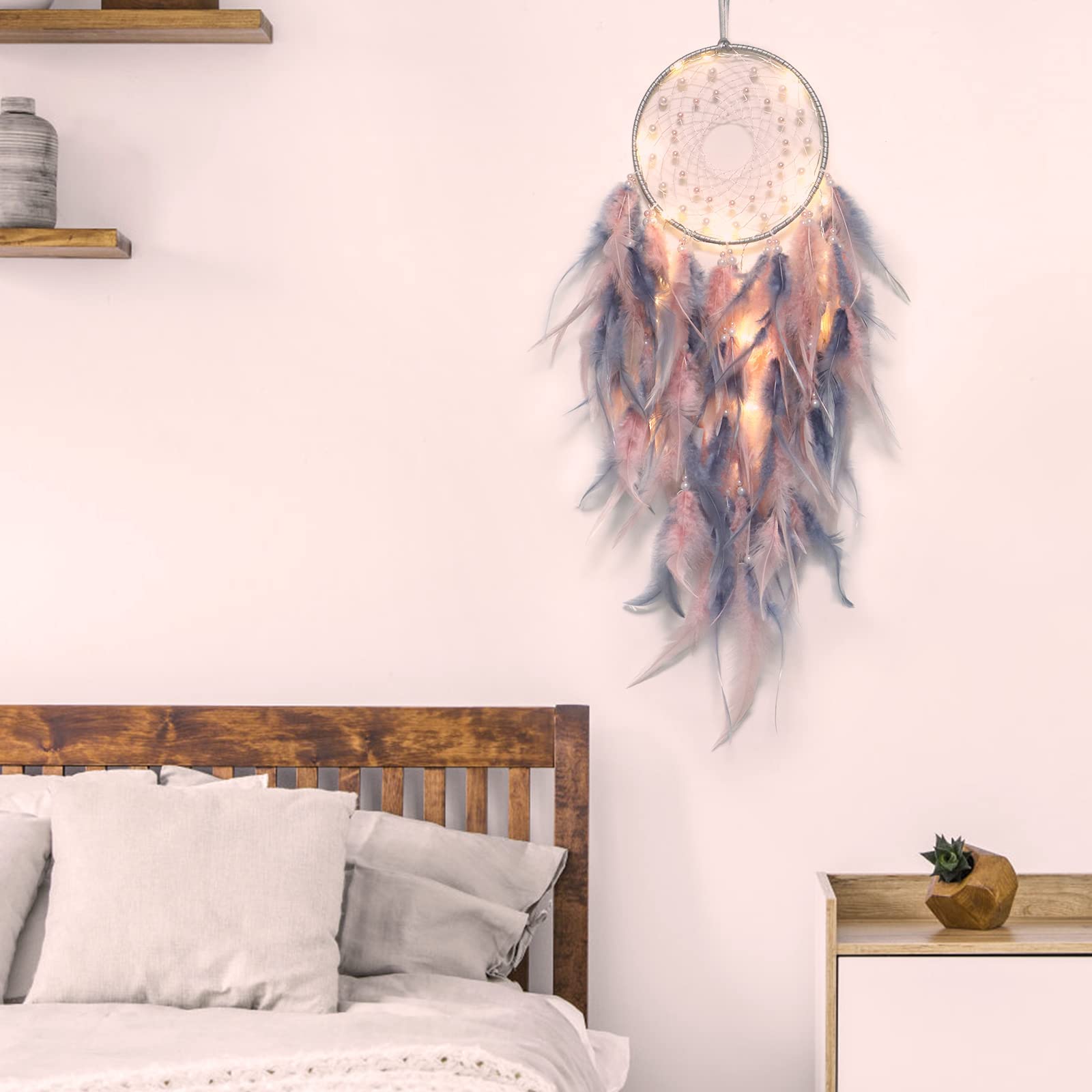 KHOYIME LED Dream Catcher Light Up Handmade Feather Dreamcatchers Boho Wall Hanging for Girls Kids Bedroom Bohemian Home Decor Wedding Ornament Craft Gift (Pink&Grey)